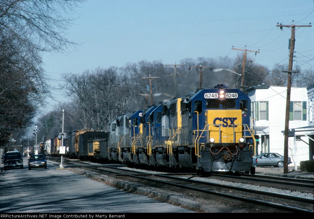CSX 6248 With Mixed Freight Splits Center St. (left) and Railroad Ave. (right)CSX6248-9